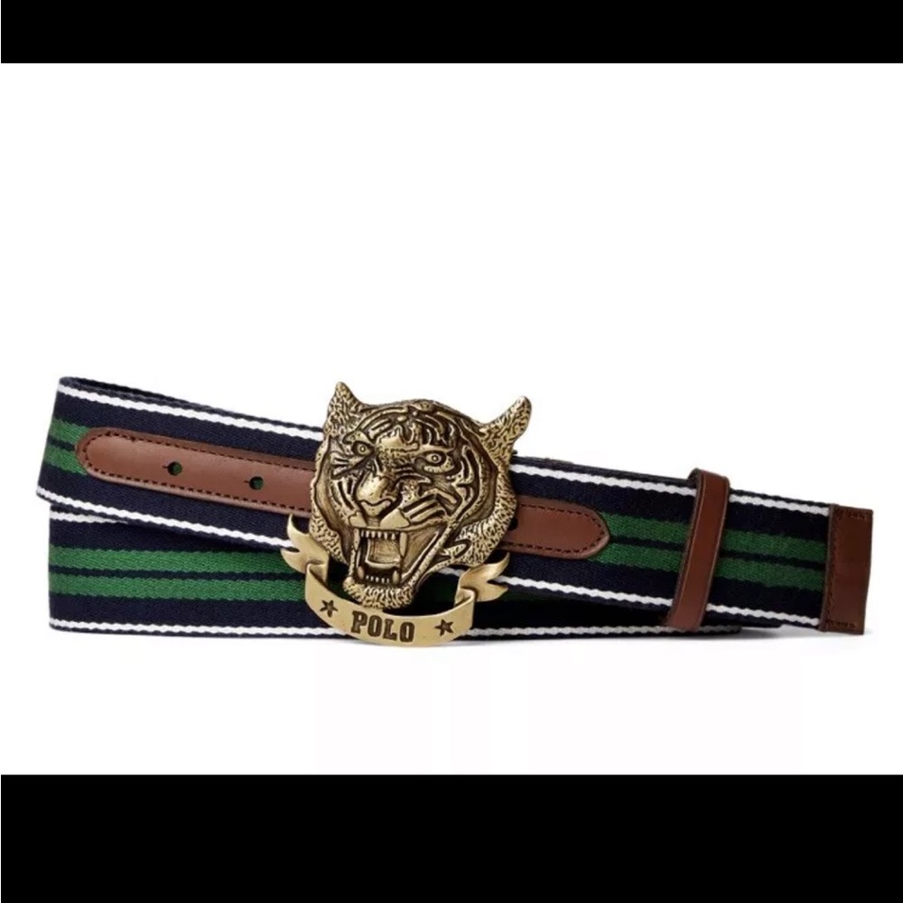 Polo Ralph Lauren Tiger Buckle Belt Leather Canvas Sp… - Gem